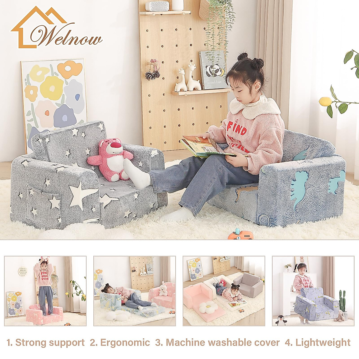 Welnow 2-in-1 Kids Sofa Chair, Convertible Toddler Chair Flip Out Children Sofa Chair Folding Kids Play Sofa with Side Pockets & Removable Cover Armrest Chair for Girl or Boy