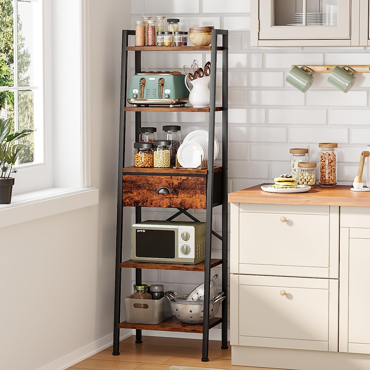 Furologee 5 Tier Ladder Shelf with Drawer, Tall Bookshelf Storage Shelves, Bookcase Standing Shelf Units, Industrial Open Display Shelves Organizer for Bedroom, Living Room, Kitchen, Rustic Brown