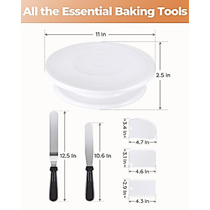 Kootek 11 Inch Rotating Cake Turntable with 2 Icing Spatula and 3 Icing Smoother, Revolving Cake Stand White Baking Cake Decorating Kits Supplies