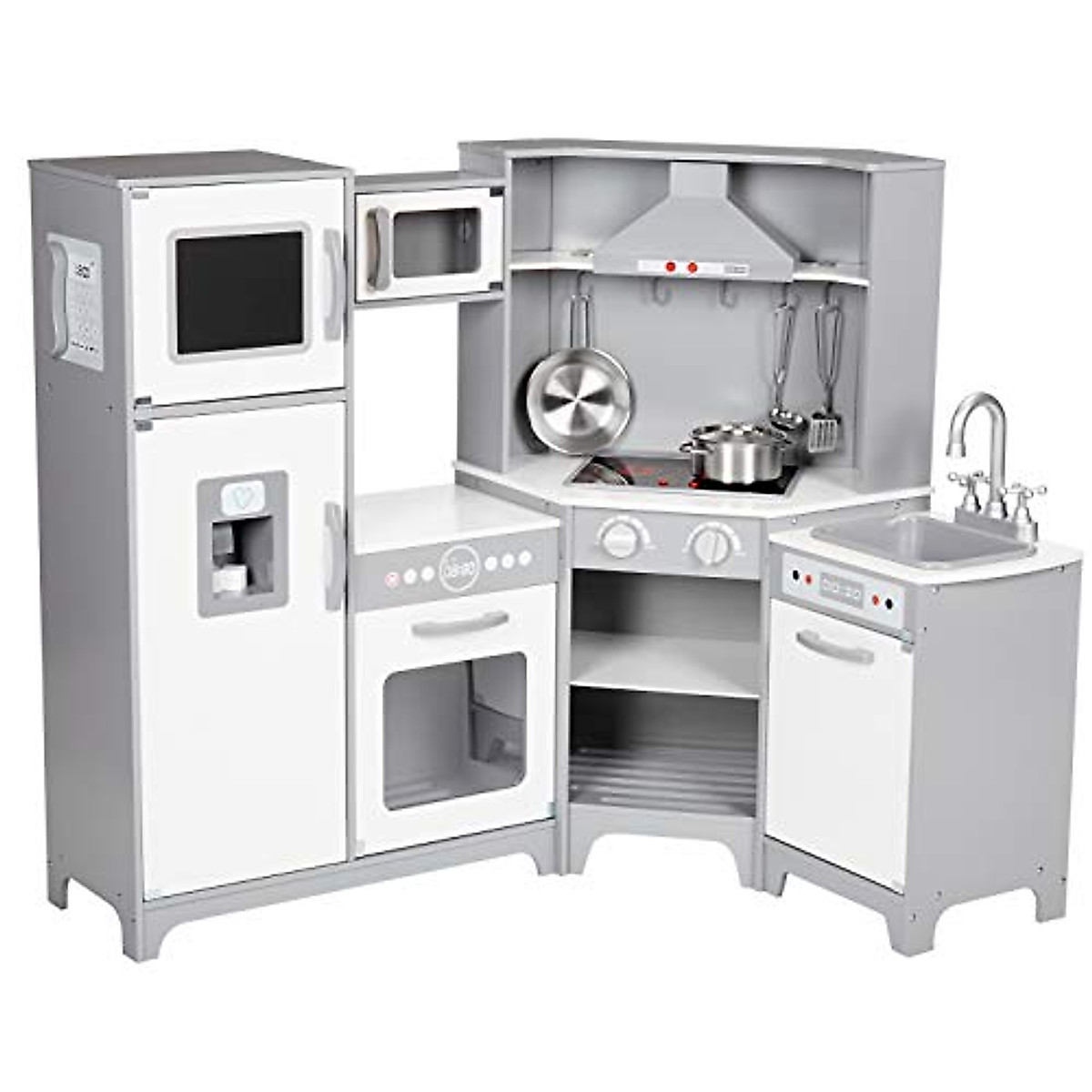 Amazon Basics Kids Corner Wooden Kitchen Toy Playset with Stove, Oven, Sink, Fridge and Accessories, for Toddlers, Preschoolers, Children Age 3+ Years, White & Gray, 39.37"L x 28.35"W x 35.04"H
