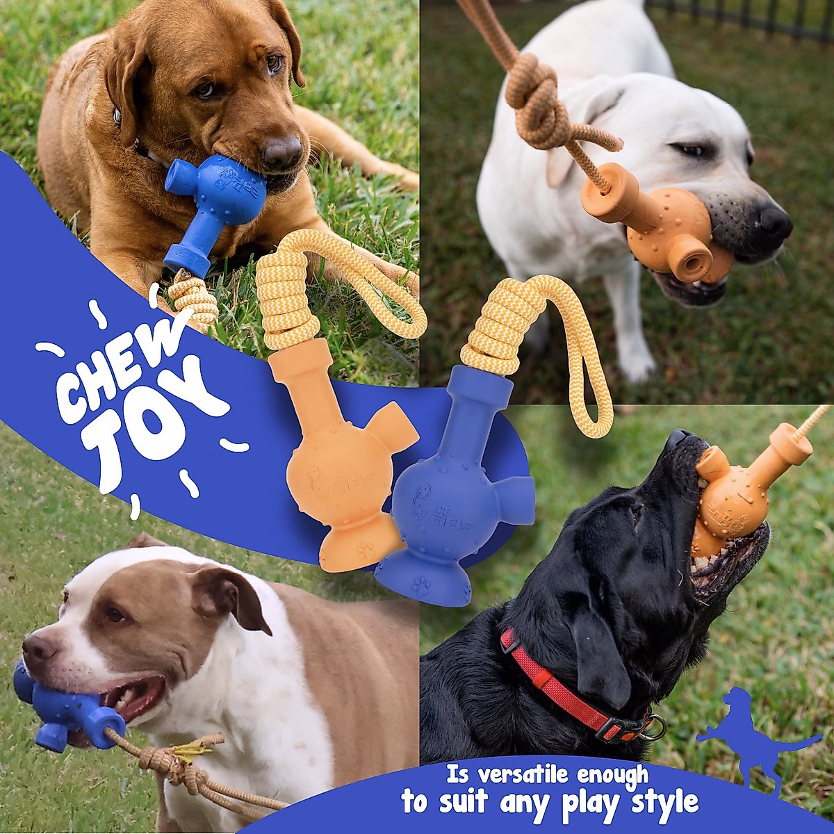 LIT LABS Funny Dog Toy Chew Rubber Tug-A-War Dog Toy - Built for Sized Medium to Large Dogs - Ideal Gift for Dog Birthday - Orange Body with Yellow Rope