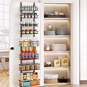 Highpro Over the Door Spice Rack Organizer Pantry, 8-Tier Hanging Pantry Door Storage with Detachable Metal Baskets & Wooden Boards for Kitchen, Bathroom, and Closet Organization