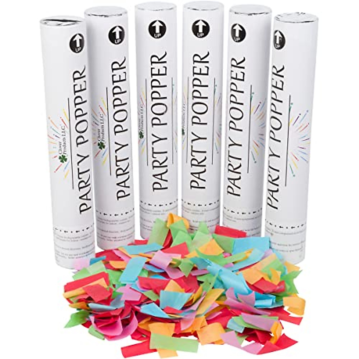 Clover Products Large Premium Confetti Cannon - (6 Pack) Multicolor Biodegradable Confetti Popper | Compressed Air Launches Confetti 20 - 25 Feet | Party Poppers for any Celebration, Parties, Birthdays, Weddings.