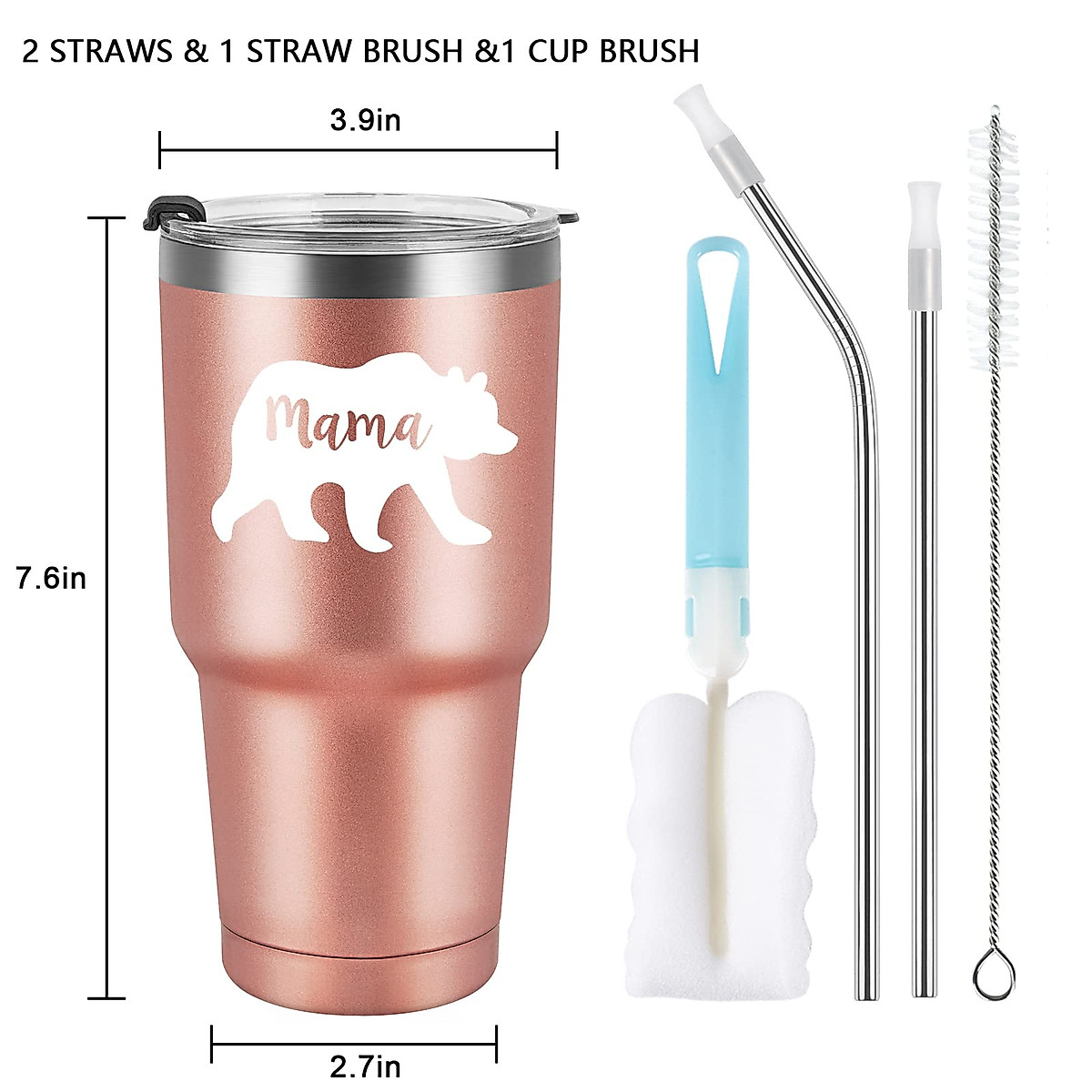 GINGPROUS Mama Bear Travel Tumbler, Mother's Day Birthday Christmas Gifts for Best Mom Mother New Mom Mom to Be Mama, Stainless Steel Insulated Travel Tumbler with Lid and Straw(30 Oz, Rose Gold)