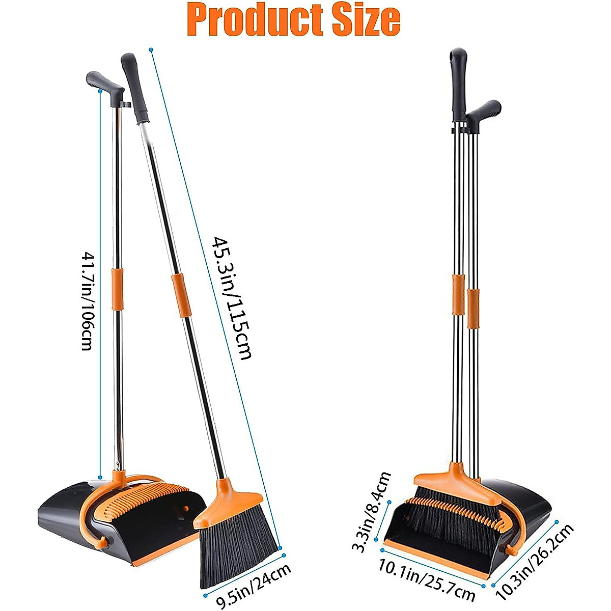 Broom and Dustpan Set with Long Handle, Windproof Stand Up Dustpan with Broom Combo for Home Kitchen Room Office Lobby Floor Use