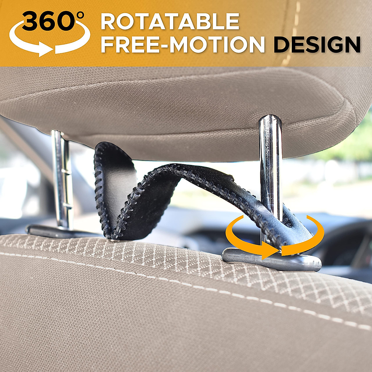 EcoNour Leather Car Seat Hooks (2 Pack Black) | Portable Bag Holder for Car to Keep Your Purse, Groceries & Handbags from Sliding Around | Headrest Hook with Crafted Stitches