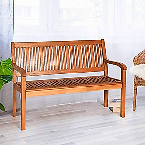 Tangkula Outdoor Wood Bench, Two Person Solid Wood Garden Bench w/Curved Backrest and Wide Armrest, Large Bench for Patio Porch Poolside Balcony, 50" L x 25" W x 36" H (Natural)