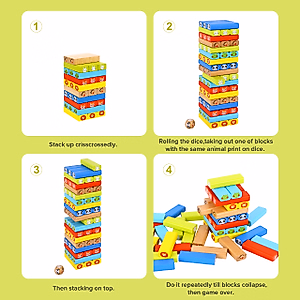 TOOKYLAND Colored Wooden Blocks Stacking Board Games Tumble Tower Games with Animal Pictures for Kids Boys Girls - 80 Pieces