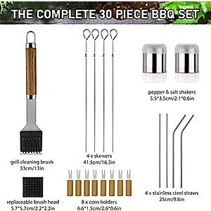SixSun 30PCS BBQ Grill Tools Set Wooden Handle Stainless Steel Grilling Accessories with Spatula, Tongs, Skewers for Barbecue, Camping, Kitchen, Complete Premium Grill Utensils Set - Brown