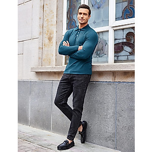 COOFANDY Mens Long Sleeve Polo Shirt Knit Pullover Golf Tops Sweater T Shirts Blue