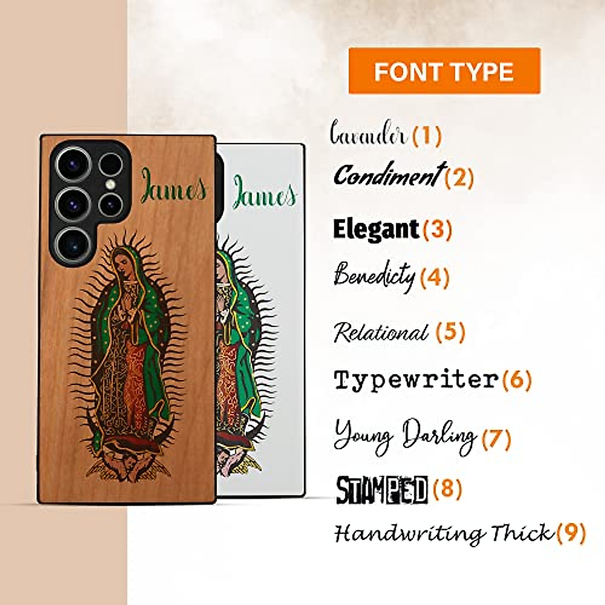 Virgen De Guadalupe Custom Engraved Phone Case for Samsung Phones + FREE Tempered Glass, Printed Case with Screen Protector for Samsung S23/S23+/S22+/S22 Ultra,S21/S21+/S21 Ultra Wooden Phone Case