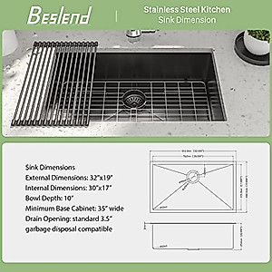 32 Inch Black Undermount Kitchen Sink - Beslend 32"x19"x10" Stainless Steel Gunmetal Black 16 Gauge 10 Inch Deep Single Bowl Basin