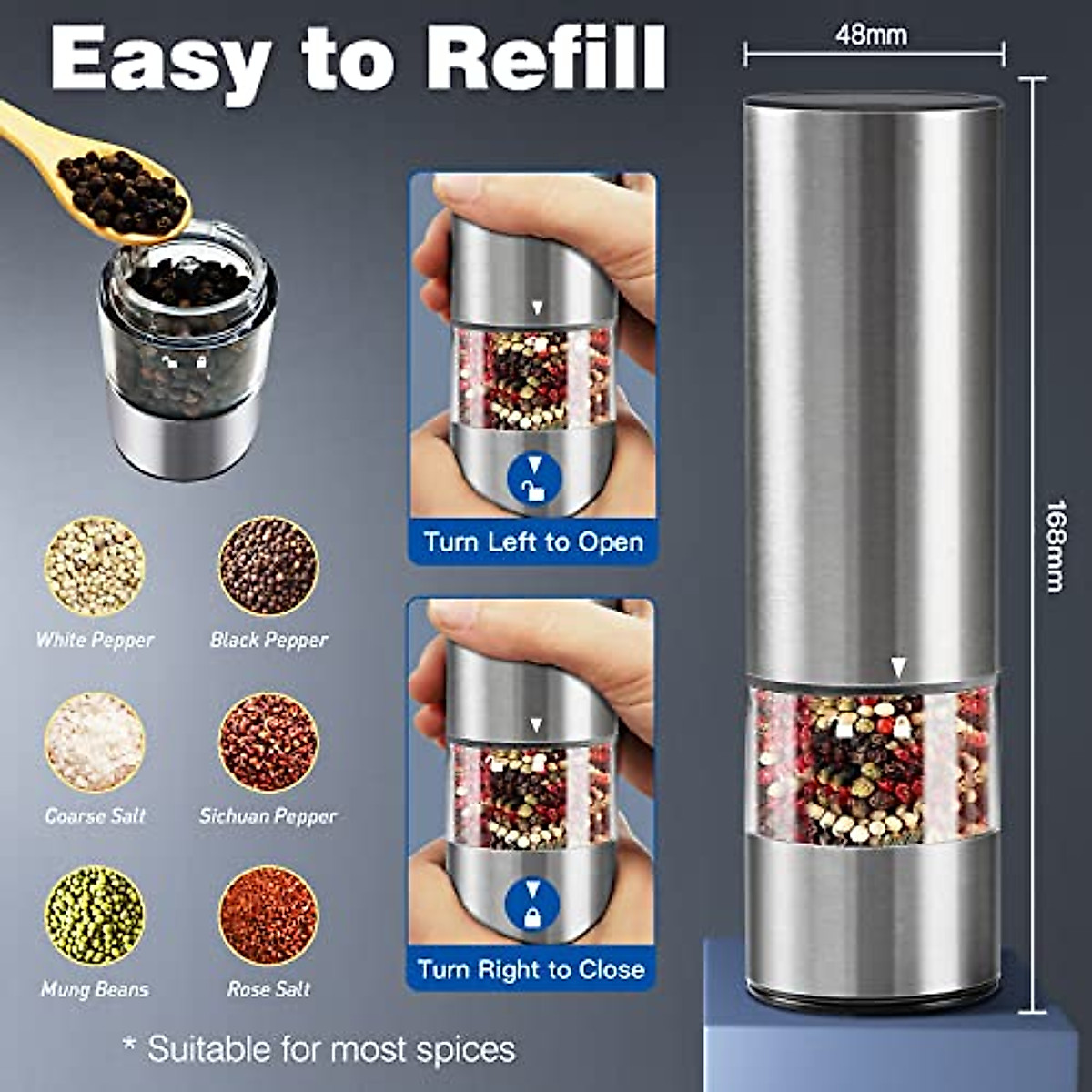 Rechargeable Electric Salt and Pepper Grinder Set - Stainless Steel, with USB Type-C Cable, LED Lights, Automatic Modern Electric Pepper Mill, 2 Adjustable Coarseness Mills, One Hand Operation