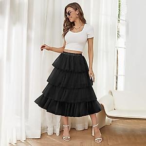 Timormode Women's Maxi Ruffle Tulle Layered Skirt A-Line Elastic Waist Swing Tiered Casual Long Skirt for Women Black XL