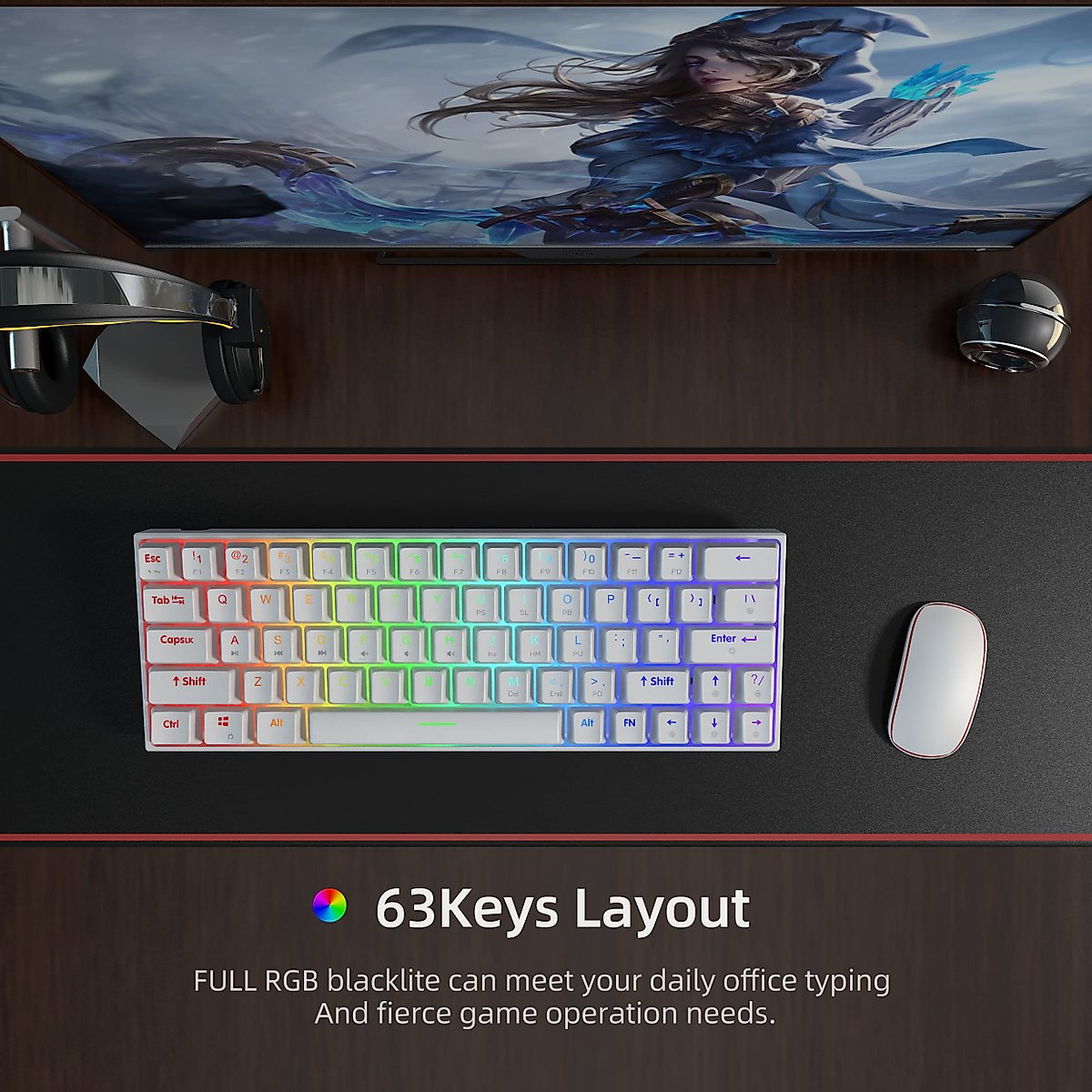 Ractous RTK63P 60% Mechanical Gaming Keyboard RGB Backlit PBT keycaps 63key Ultra-Compact Wired Keyboard Programmable for PC/Mac Gamers,Hot-Swappable Optical Red Switch (White)