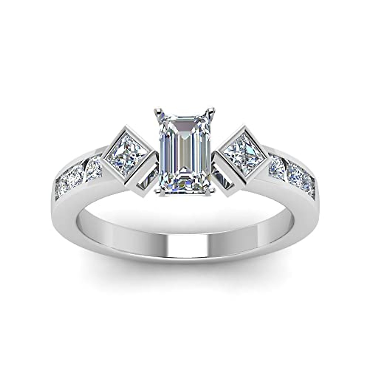 JewelryGift Three Stone Diamond Ring Sterling Silver Created Cubic Zircon Emerald Shape White Color Side Stone Engagement Rings Prong Setting in Size 11 Handcraft Chakra Healing