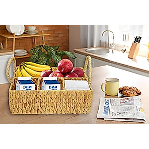 ECO 5 Water Hyacinth Large Rectangle Storage Basket, Coffee Station Organizer, 4 Dividers Basket Hand Woven with Handle, Organizing Wicker Basket for Pantry, Office, Home Décor, ‎16"D x 11"W x 5.5"H