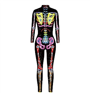Alidamo Womens 3D Halloween Cosplay Skull Skeleton Jumpsuit Bodysuit Colorful Skull,BAX-083,XL