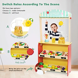 Rundad Wooden Puppet Theater Bonus 2 Hand Puppet, Double-Sided Lemonade Stand & Puppet Show Theater for Kids, Wood Deluxe Children Puppet Theatre Toy with Chalkboard
