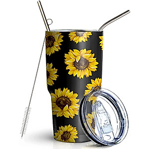 CHIUTUUY 30 oz Sunflower Tumbler Double Wall Stainless Steel Vacuum Insulated Travel Coffee Mug with Lid Metal Straws and Brush (30 OZ)