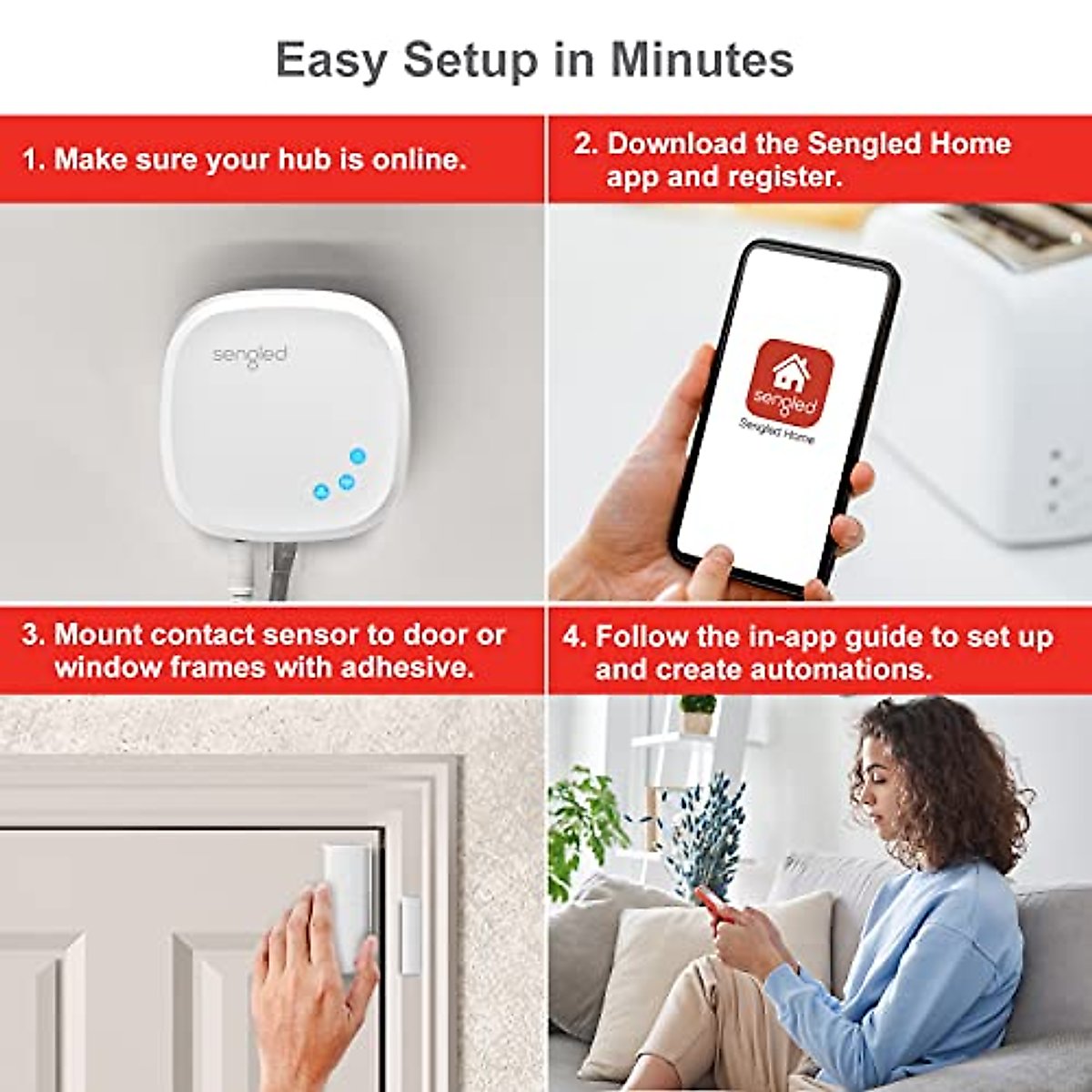 Sengled Zigbee 3.0 Smart Door Sensor G2, Smart Sensor for Window and Door, Hub Required, Compatible with Alexa, Google Assistant, APP Remote Control, 4 Pack（Smartthing Not Support）