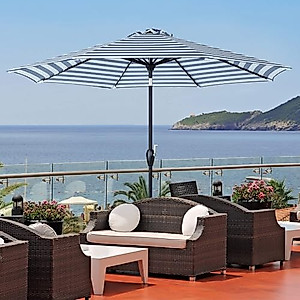 Tempera 9ft Patio Market Outdoor Table Umbrella with Push Button Tilt and Crank,Large Sun Umbrella with Sturdy Pole&Fade resistant canopy,Easy to set, Blue White Stripe