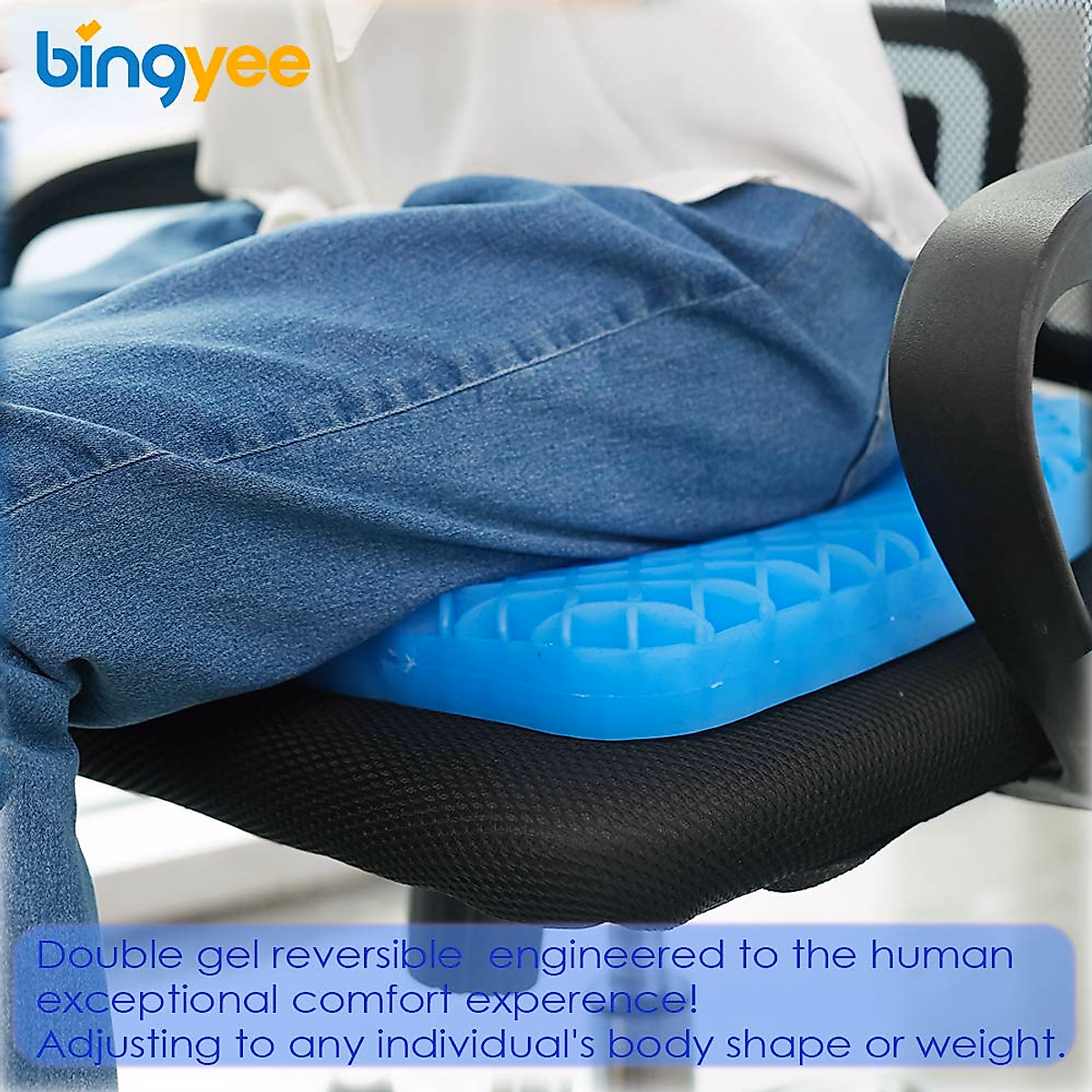 bingyee Gel Seat Cushion 1.8 Inch Thick Double Gel Orthopedic Seat Cushion Pad for Pressure Relief Gel Sits Perfect for Office Chair, Car, Home, Wheelchair Sweatless Chair Pads