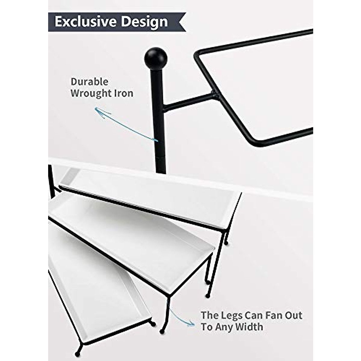 Sweese 731.101 3 Tiered Serving Stand, Foldable Rectangular Food Display Stand with White Porcelain Platters - Serving Trays, Dessert Display Server for Brithday Party, Valentine's Day and Events