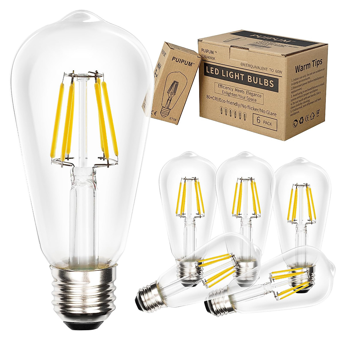 PUIPUM Edison Bulbs 60 Watt Led, Led Edison Bulb, Vintage e26 Edison Bulb, ST58 led Light Bulb,Daylight White 4000k,80CRI,700 Lumen, Edison Bulbs for Home, 6 Pack, Clear,Non-Dimmable