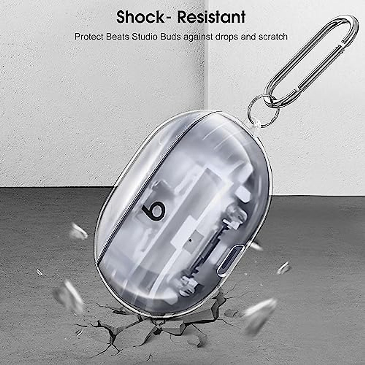 Fintie Clear Case for New Beats Studio Buds + (2023) / Beats Studio Buds 2021, Anti-Lost Shockproof Earbuds Protective Cover with Keychain Carabiner Support Wireless Charging, Crystal Clear