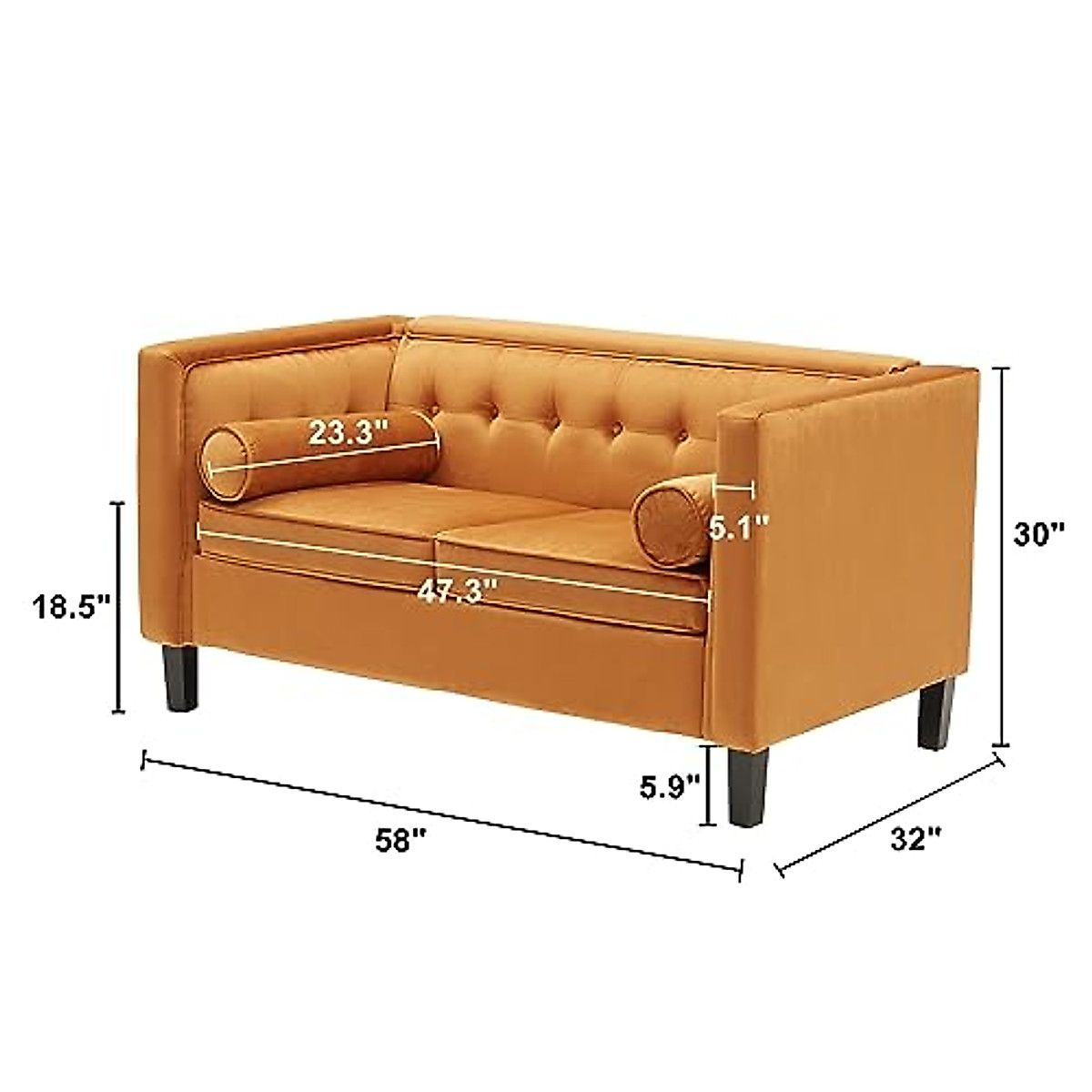 WILLOVE 58" Mid-Century Modern Velvet Sofa, 2 Seater Couch with Comfy Deep Seats, Small Loveseat Couch for Living Room Furniture with Two Throw Pillows, Easy to Install (Ginger)