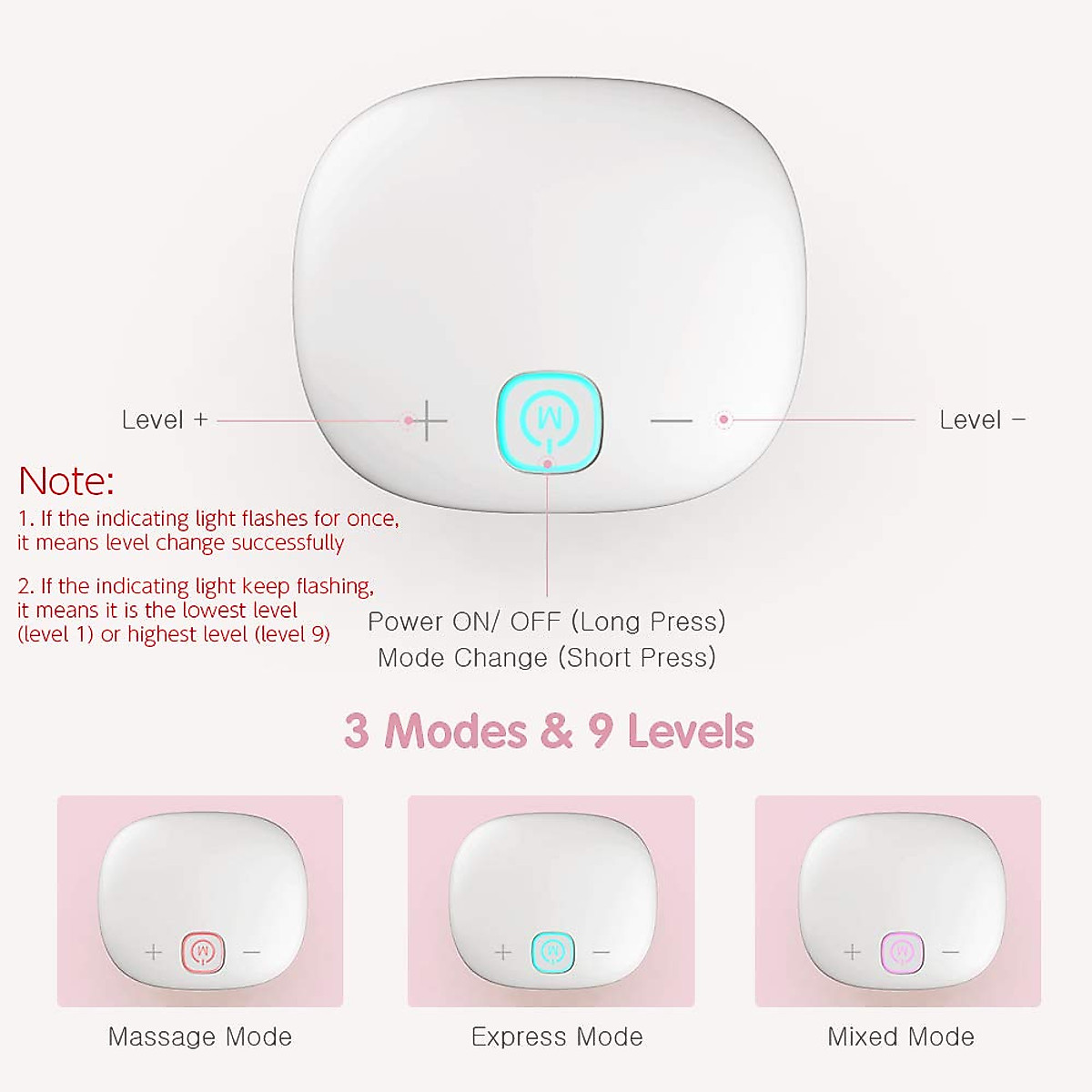 2Pcs Hands-Free Breast Pumps Wearable Electric Breastpump Portable Comfort Breastfeeding Pump 3 Modes 9 Suction Levels Rechargeable Wireless Milk Collector (24mm Nipple Diameter)