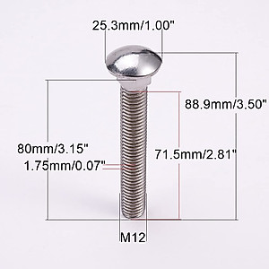 Yinpecly 5Pcs M12×80mm 1.75mm Pitch Length 304 Stainless Steel Round Domed Head Square Neck Carriage Bolts Silver Tone