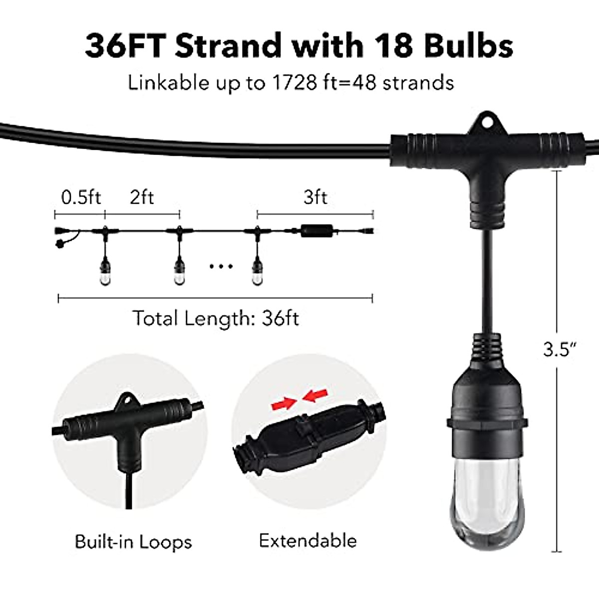 HBN Color Changing String Lights 36ft Smart LED String Lights Outdoor RGBW Patio String Lights Waterproof IP65, 2.4 GHz Wi-Fi&Bluetooth App Control 18 Acrylic Bulbs Work with Alexa Google