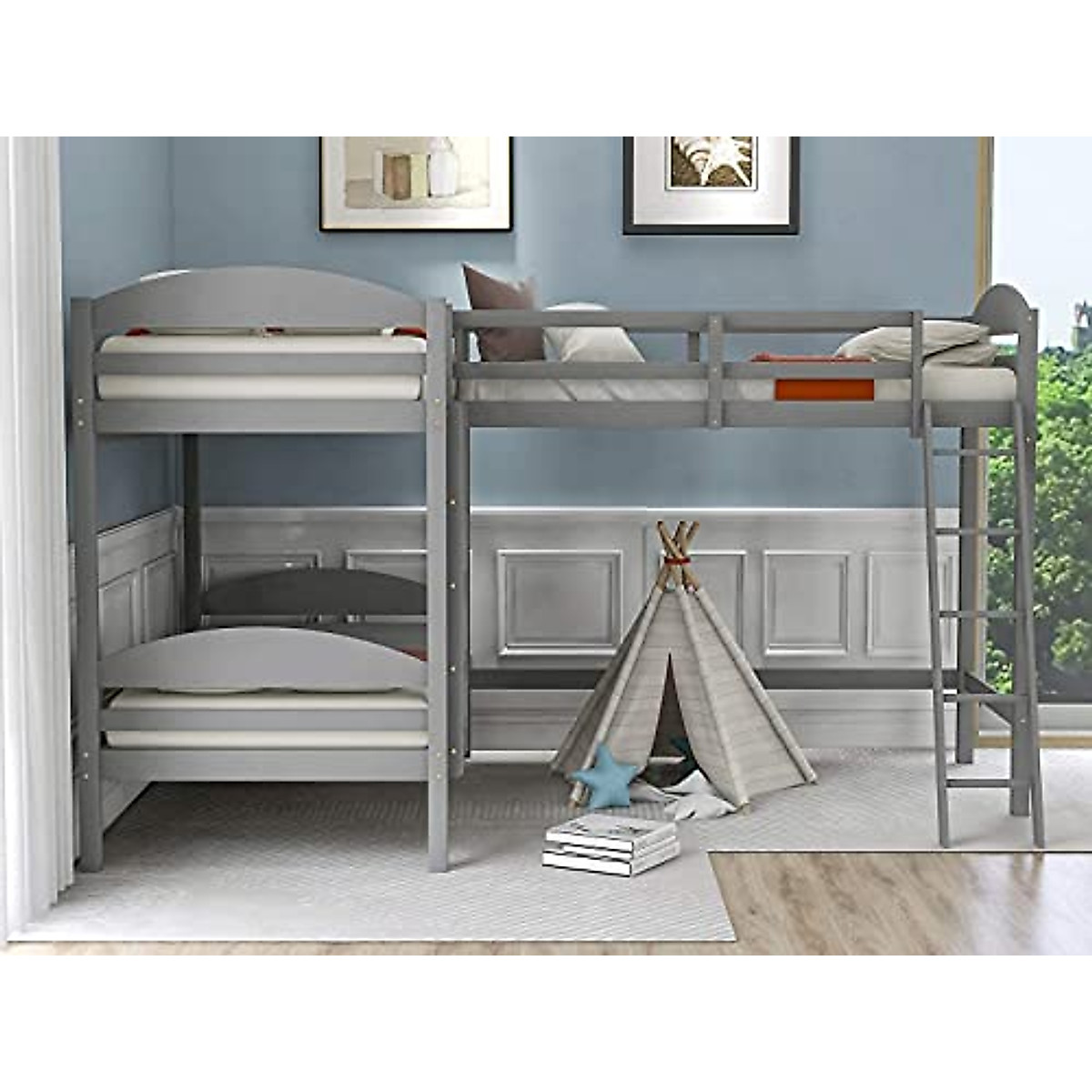 STP-Y Twin Over Twin Bunk Bed with 2 Ladders, Twin L-Shaped Bunk Bed and Loft Bed with Full-Length Guardrail, 3 Solid Wooded Bed Frames for Kids (Gray)