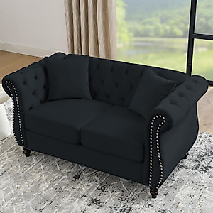ATUMON 59" Chesterfield Loveseat Velvet Sofa for Living Room,2-Seater Sofa Tufted Couch with Two Pillows,Rolled Arms and Nailhead for Living Room, Bedroom, Office Black