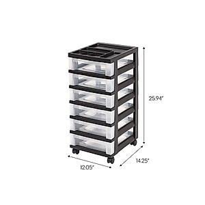 IRIS USA MC-360-TOP Plastic Storage Drawer, Rolling Cart with Organizer Top, 6 BLK CLR, Black