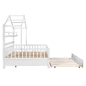 Merax Full Size House Bed with Trundle, Wooden Full Size Platform Bed Frame with Shelf, No Box Spring Needed, White