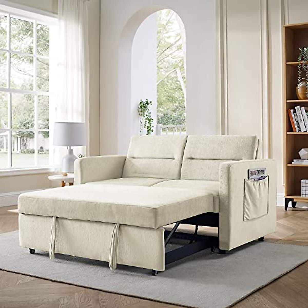 Melpomene Loveseat Sleeper Velvet Couch with Pull-Out Bed, Oversized Armchair and Convertible Sofa Bed with Adjustable Back 55" and Arm Pockets (Beige)