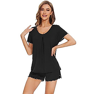 WiWi Bamboo Viscose Pajamas for Women Soft Summer Pajama Short Sets Ruffle Seams Sleepwear Comfy Pleated Pj Set S-XXL, Black, X-Large