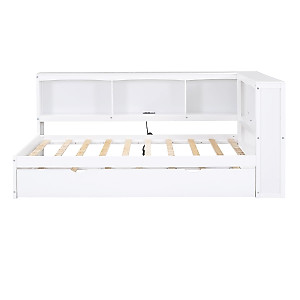 HoRunzelin Twin Size Daybed with Trundle, Storage Cabinets and Charging Station, Pine Wood L Shaped Bookcase Bed Platform Bed with Shelves for Kids Boys Girls, White