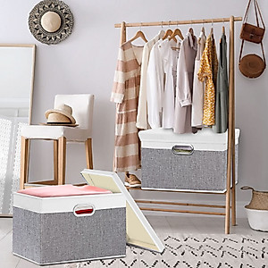 Yawinhe Storage Bins with Lids, Fabric Foldable Boxes with 2 Metal Handles, Waterproof Basket, Closet Organizers, White/Gray, 15''Lx9.8''Wx9.8''H, 1-Pack
