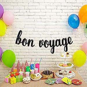 Bon Voyage Banner, Retirement/Graduation/Moving/Goodbye Party Decorations Supplies, Travel Theme Party Sign, Black Glitter