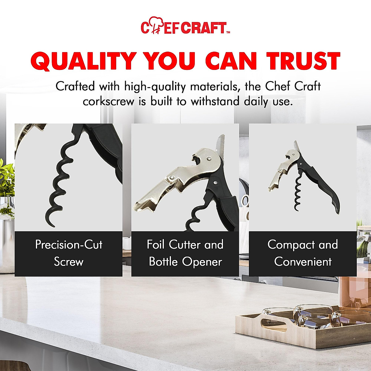 Chef Craft Select Waiters Corkscrew, 5 inches in length, Stainless Steel/Black