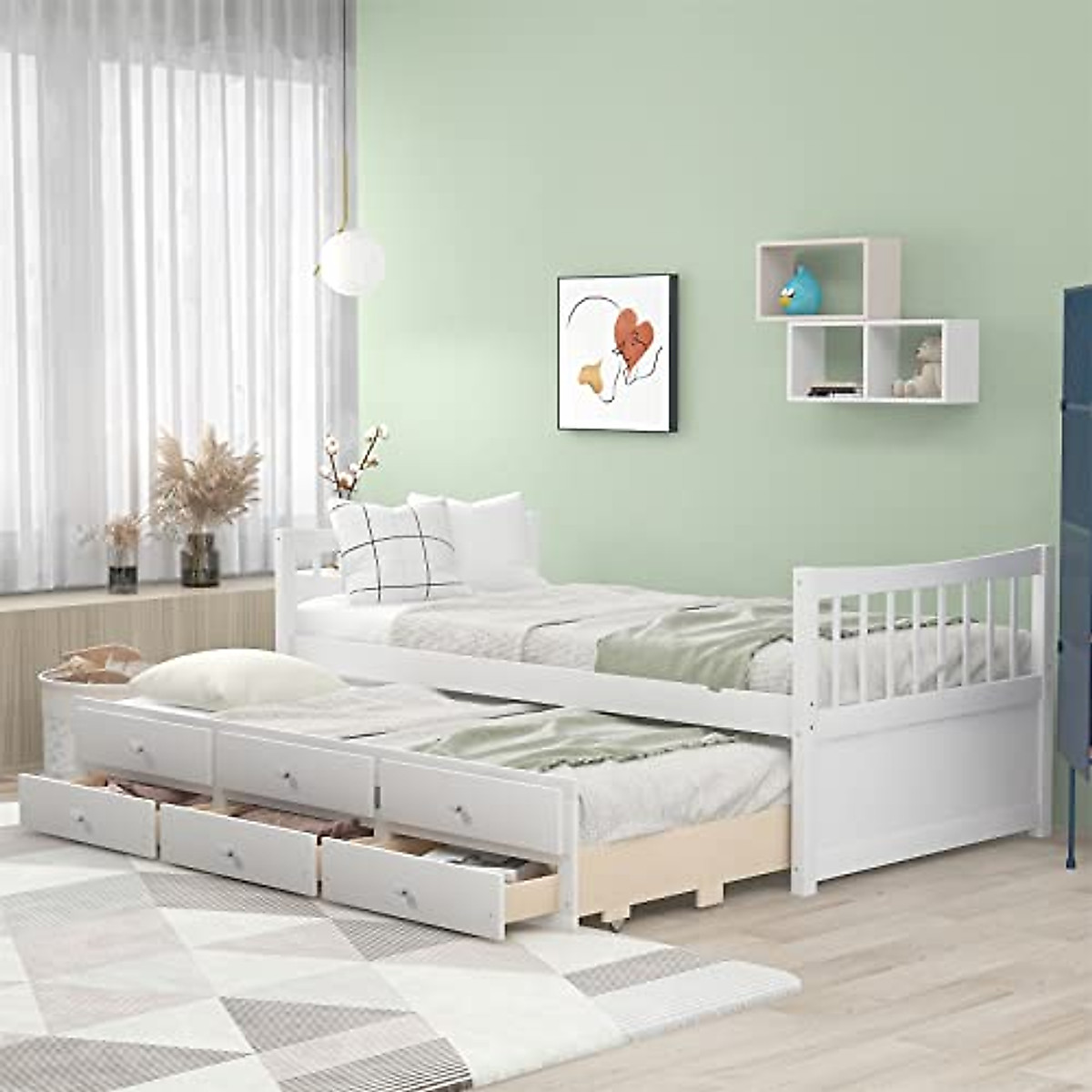 Twin Daybed with Trundle and Storage Drawers Wood Twin Size Bed Frame with 3 Drawers Wooden Platform Beds for Kids Boys Girls Teens, White