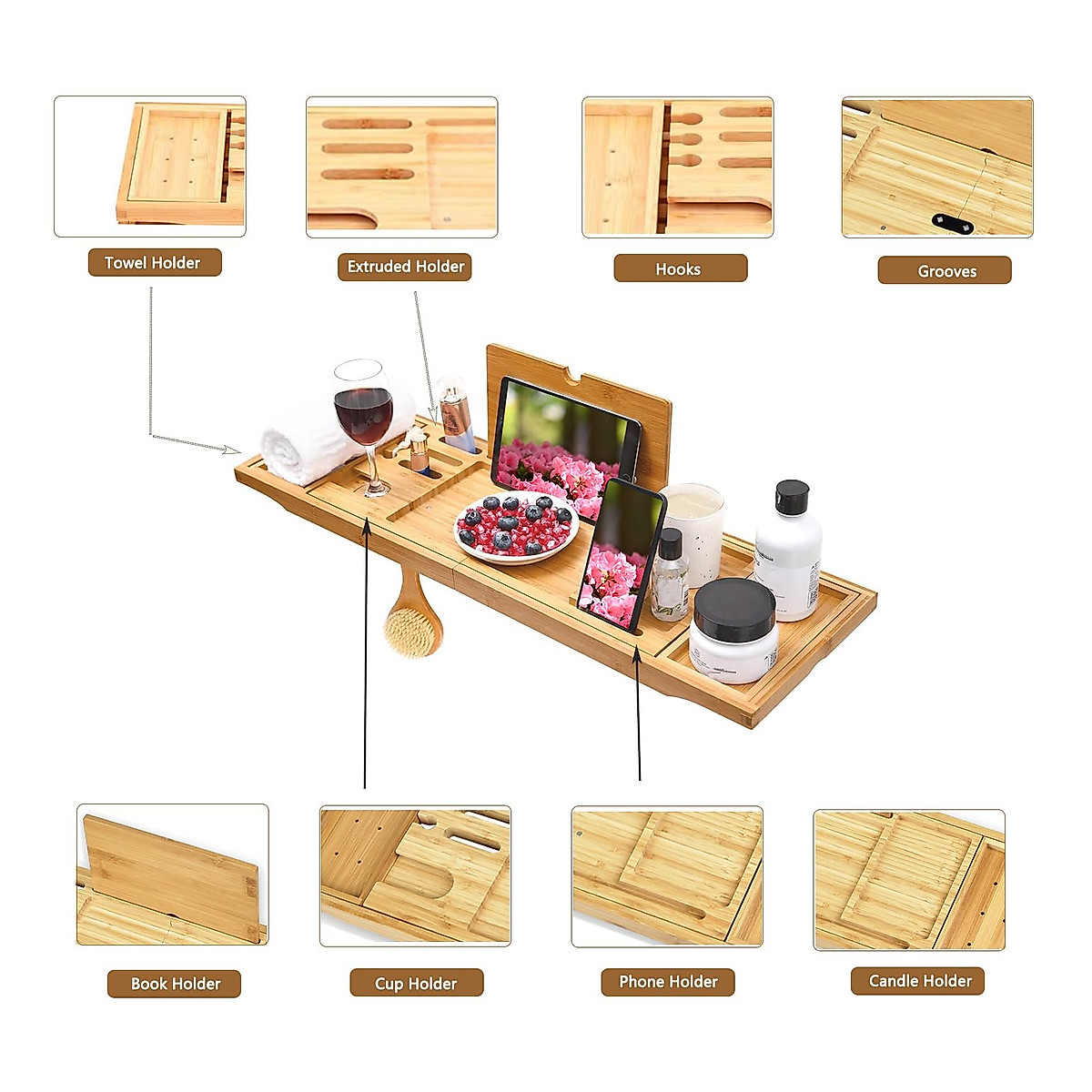 Bathtub Caddy Tray, Expandable Bamboo Bath Tray Waterproof for Tub with Wine Holder Built in Book Tablet Integrated Wineglass Holder Phone Tray & Accessories Placement（expands to 43 inches）