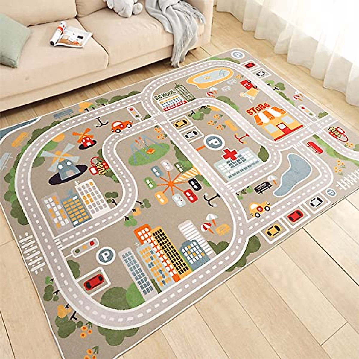 Car Rug, Road and Traffic Carpet Non-Slip Multi Color Area Rug for Living Room Bedroom (City 2)