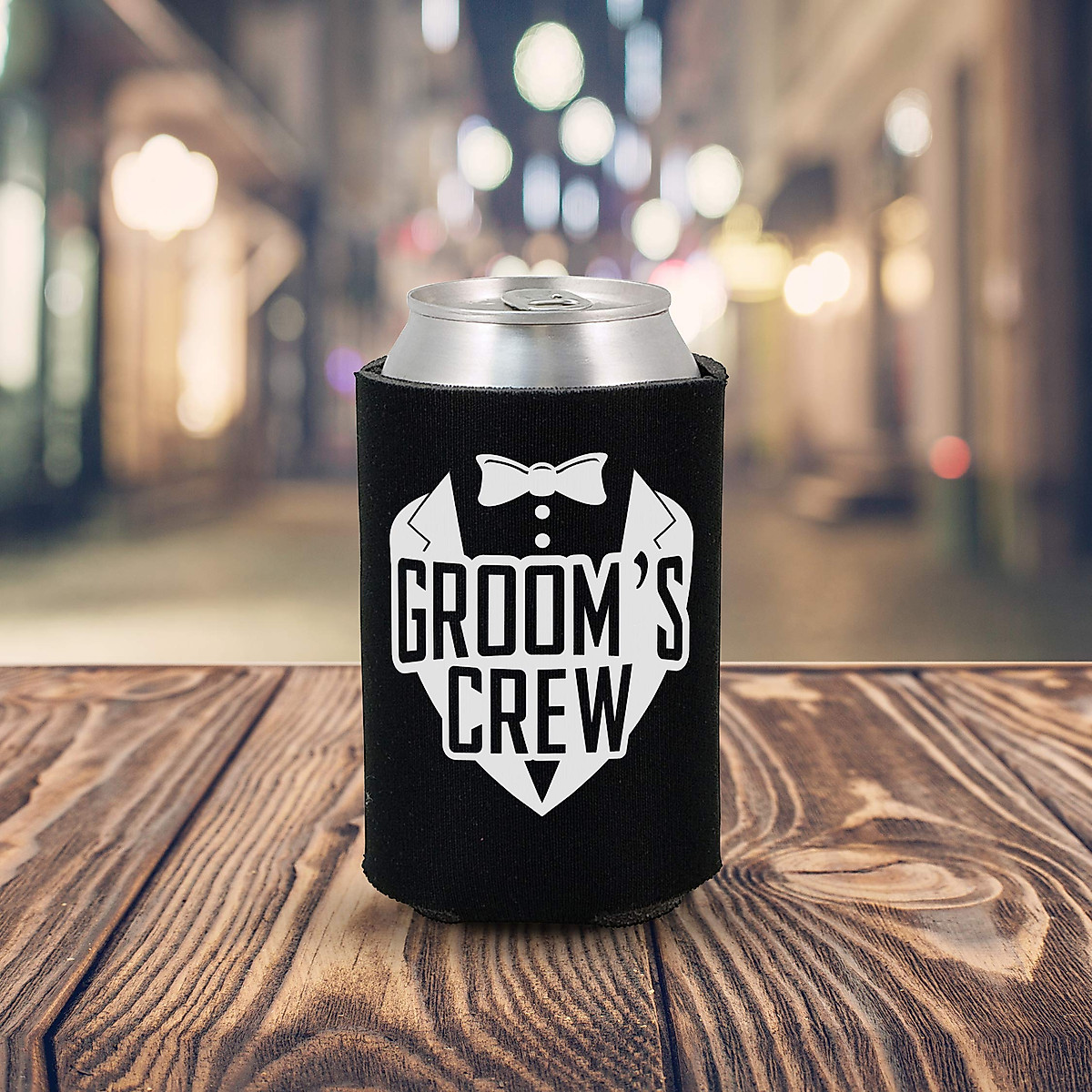 The Groom Tuxedo and Groom’s Crew Tuxedo Wedding Can Sleeve Cooler Insulated Drink Coozies Soda Beer Hugger Coolies (Crew Tux, 7 Pk)