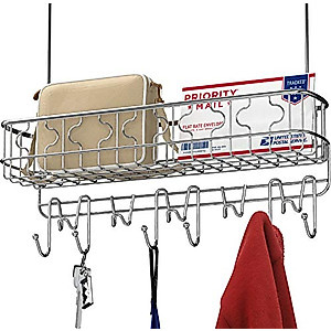Simple Houseware Over The Door 11 Hook Organizer Rack with Basket Storage, Chrome