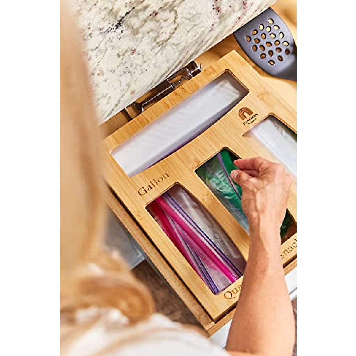Jaza Goods | Ziplock Bag Storage Organizer and Dispenser for Kitchen Drawer | Wall Mountable | Compatible with Gallon, Quart, Sandwich & Snack Size Bags